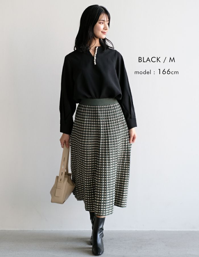 パール付きキーネックブラウス レディース M L 春 秋 長袖 パール付きキーネックブラウス レディース M L 春 秋 長袖