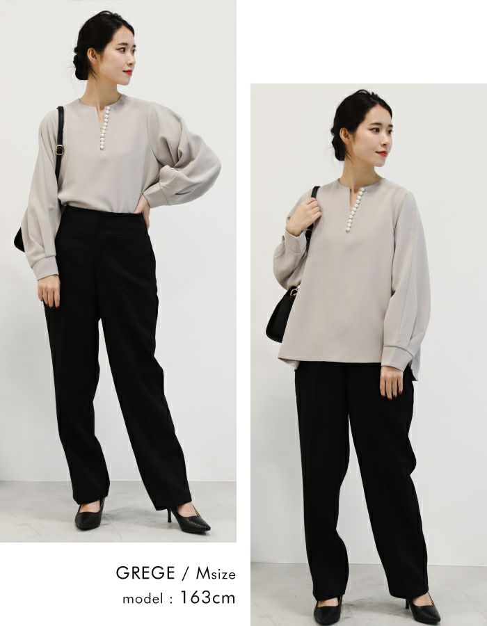 パール付きキーネックブラウス レディース M L 春 秋 長袖 パール付きキーネックブラウス レディース M L 春 秋 長袖